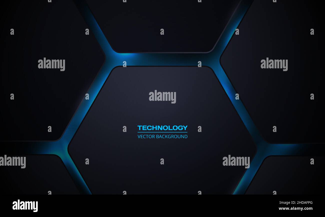 Black 3d Hexagonal Technology Vector Abstract Background Blue Bright Energy Flashes Under 