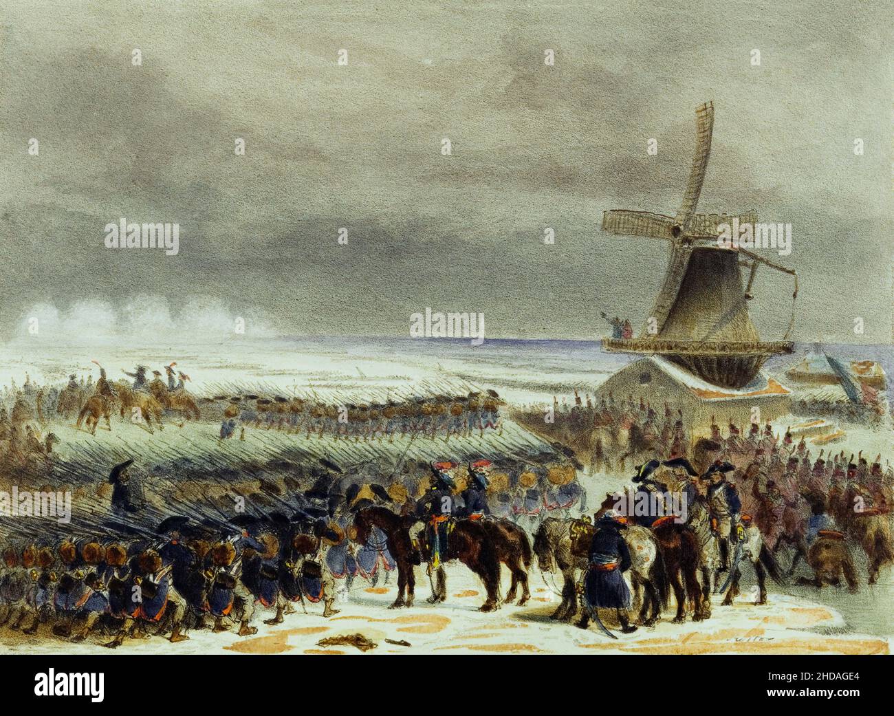Vintage color drawing of French Revolutionary Wars. Conquest of Holland ...