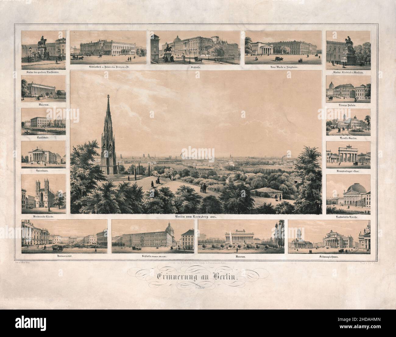 Vintage German lithograph: Memory of Berlin. 1850 Bibliothek und Palais ...