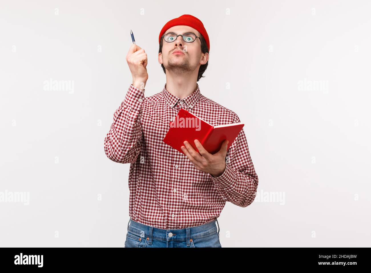 Waist-up portrait of funny male scientist working on project ...