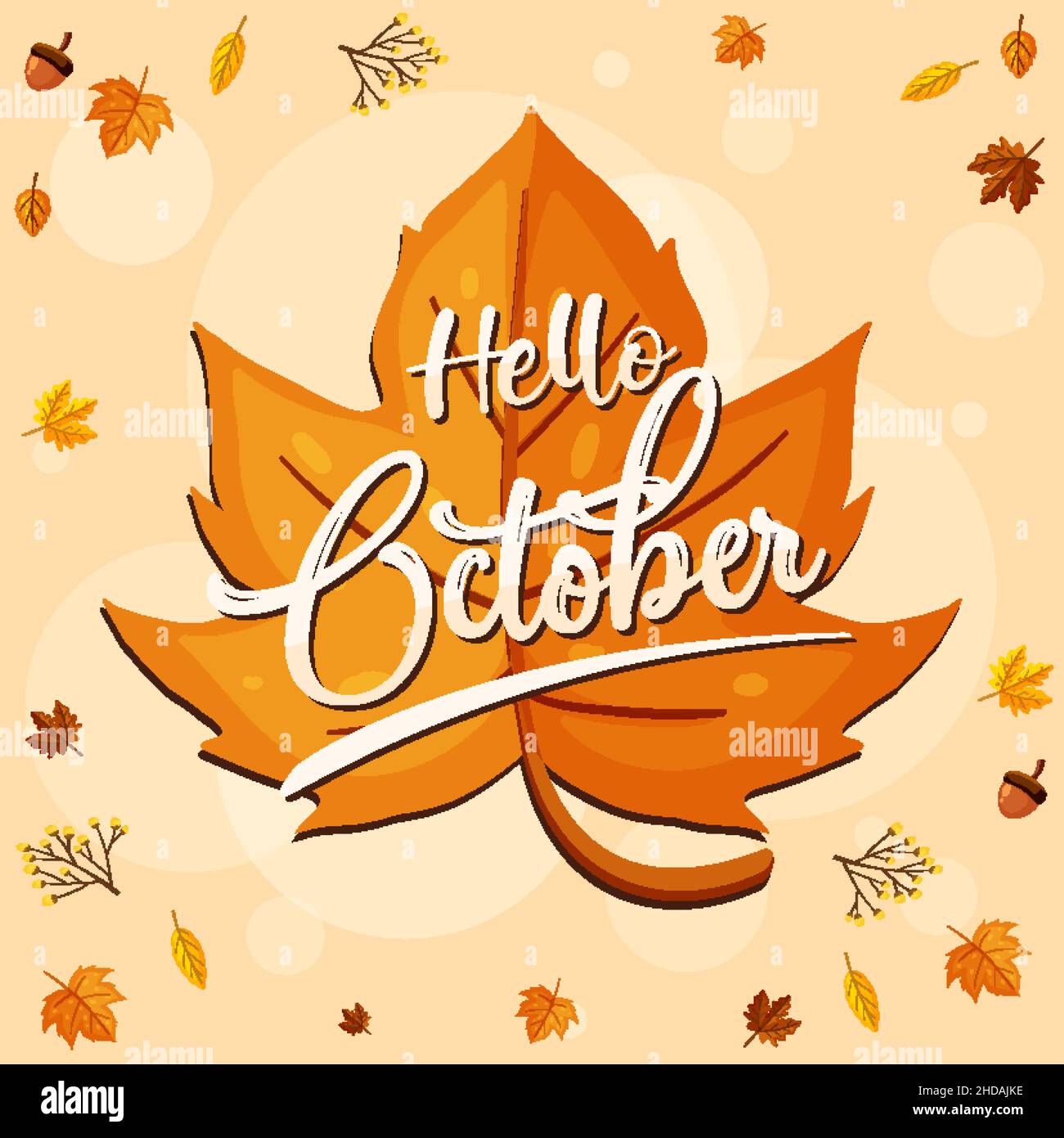 Hello October logo with ornamental autumn leaf illustration Stock ...