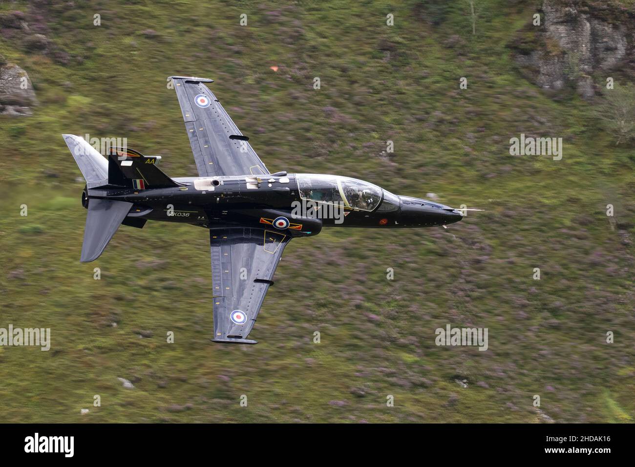 British Hawk jet-powered advanced trainer aircraft flying in the air ...