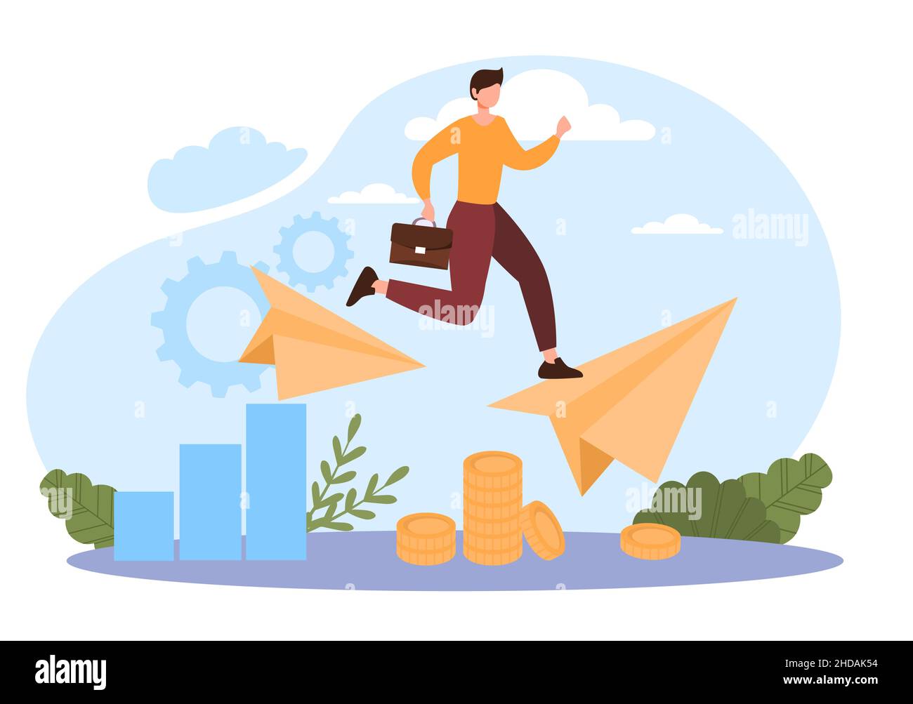 Businessman jumping on paper airplanes Stock Vector Image & Art - Alamy