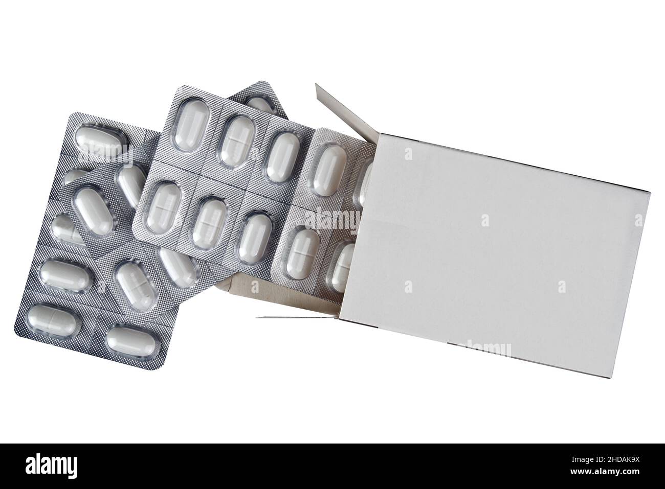 Blank medical drugs Box with pills in blister isolated on white with ...