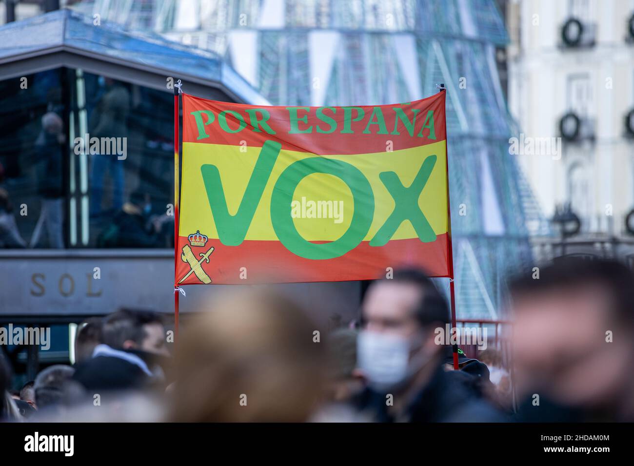 Yellow and red poster with the text ''VOX for Spain''. Madrid, Spain ...