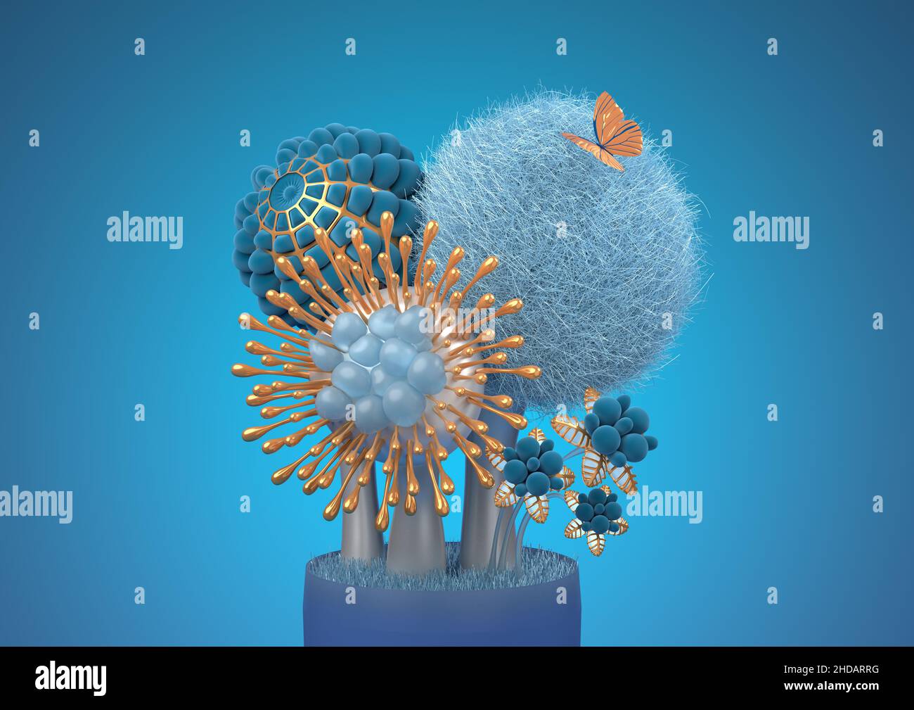 Abstract bouquet of flowers in blue and gold with a butterfly on a fur ...