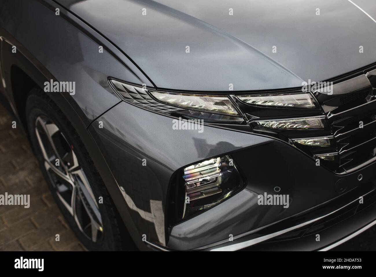 Led car headlight close-up. New modern vehicle detail of lamps light ...