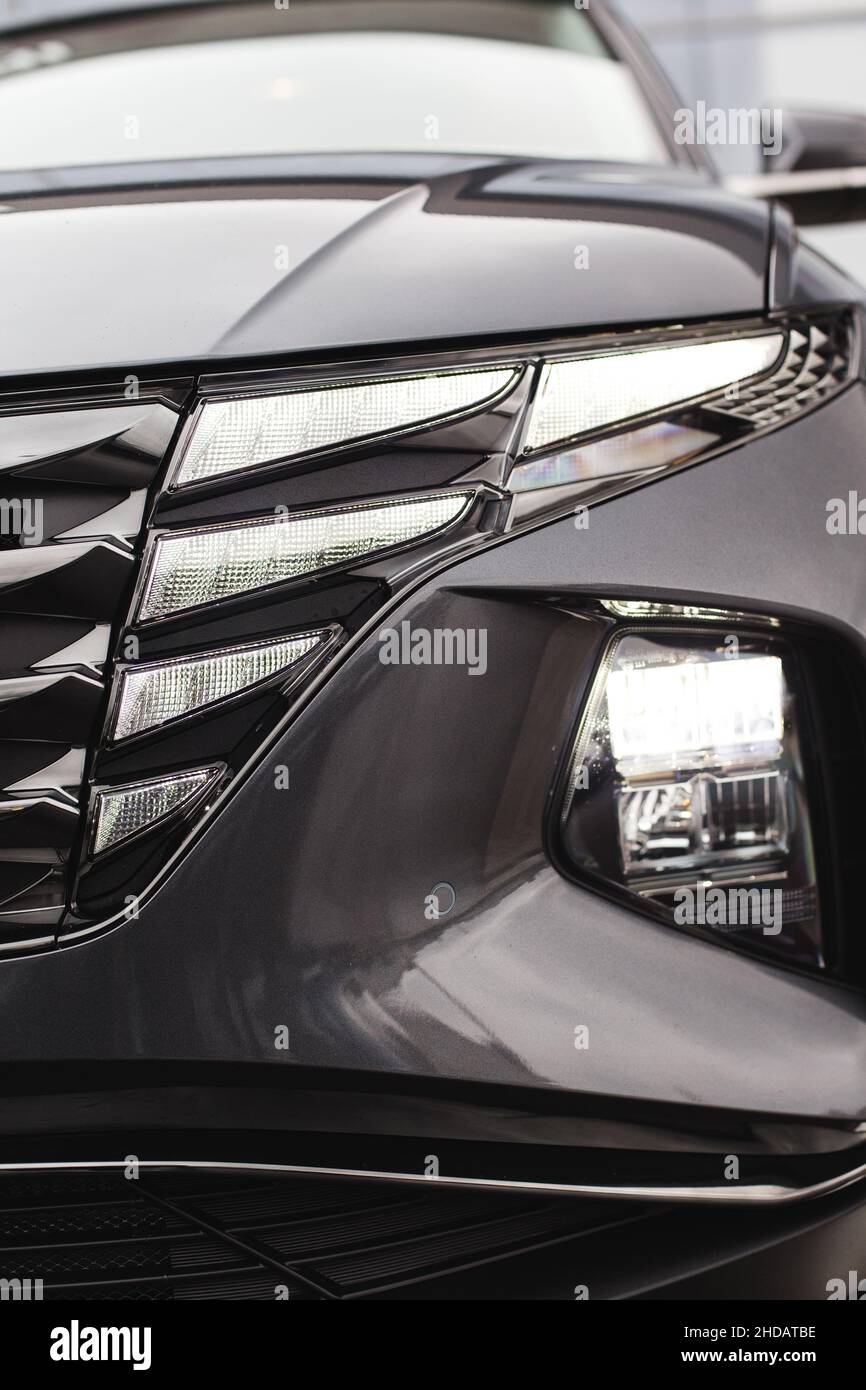 Led car headlight close-up. New modern vehicle detail of lamps light ...