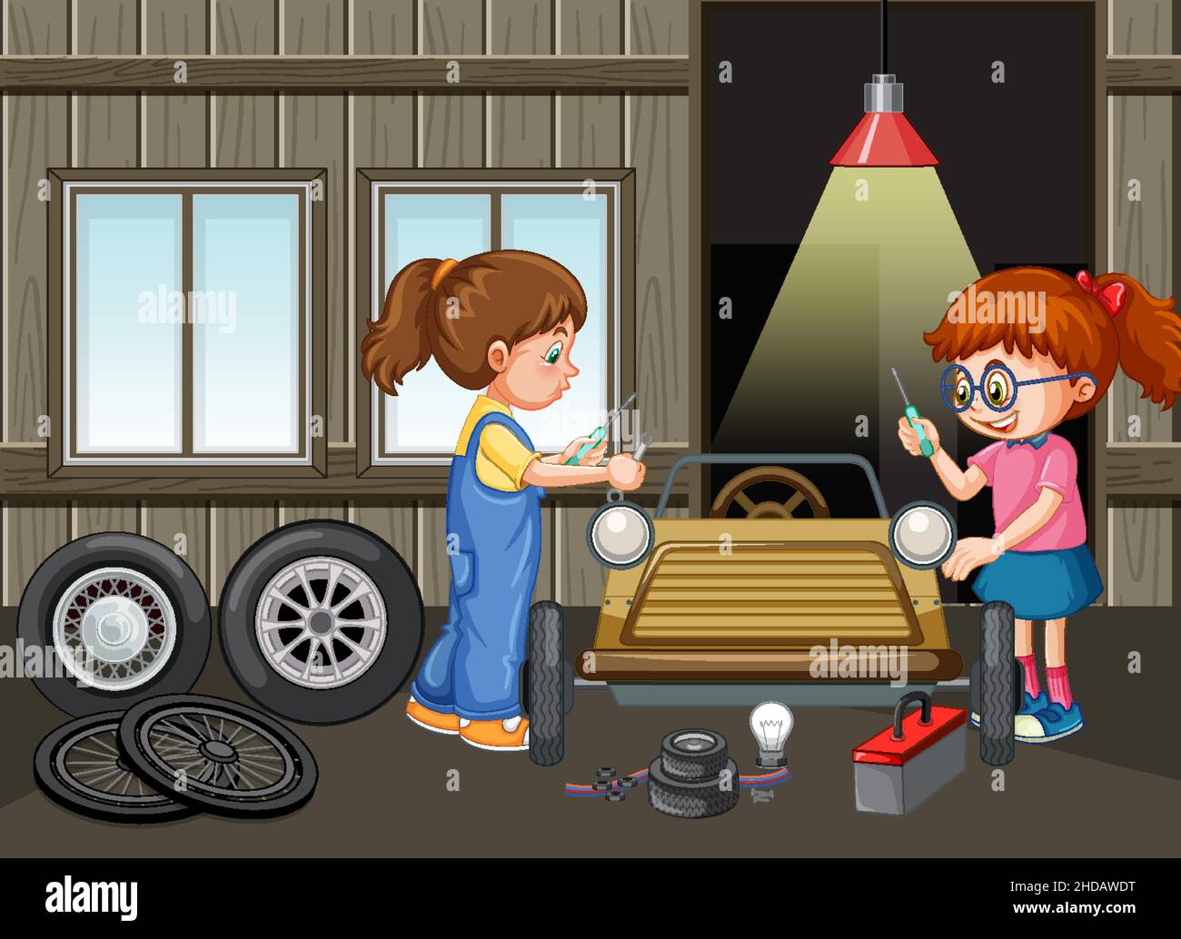 Children repairing a car together in the garage illustration Stock ...