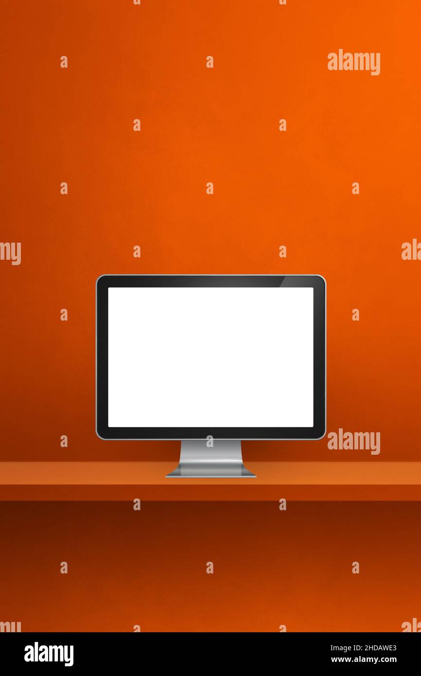 Computer pc - orange wall shelf. Vertical background. 3D Illustration ...