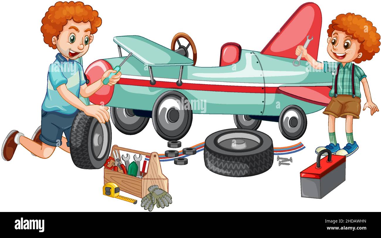 Dad and son repairing a plane together illustration Stock Vector Image ...