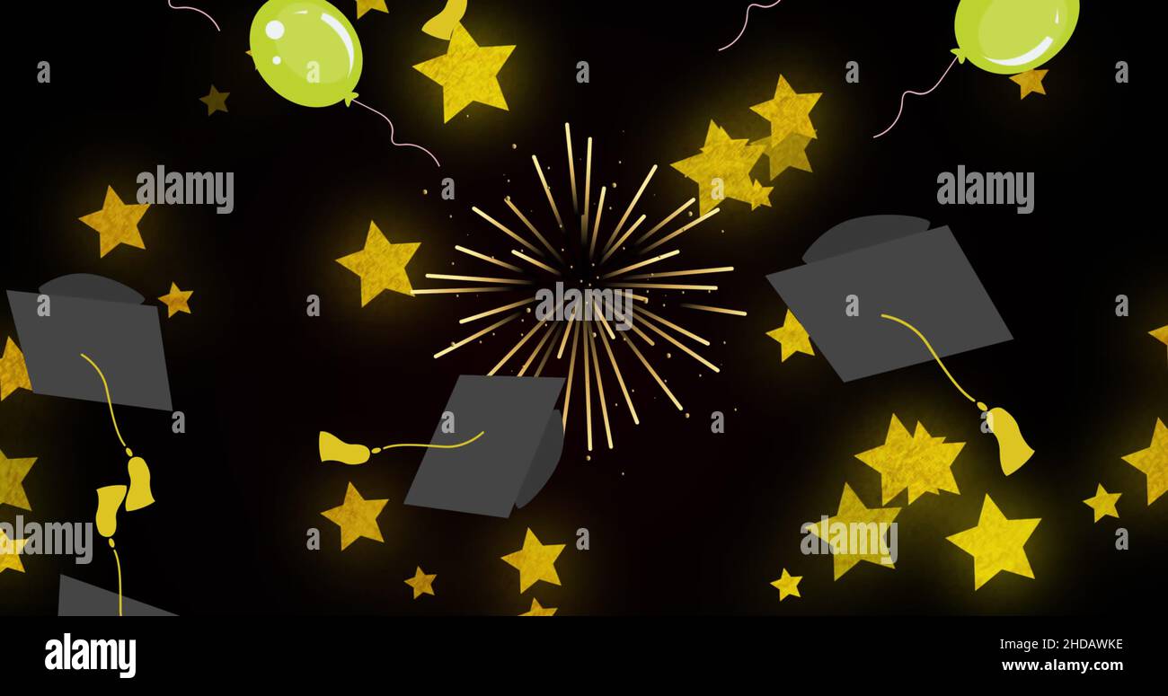 Image of balloons flying and graduation hats over stars on background ...