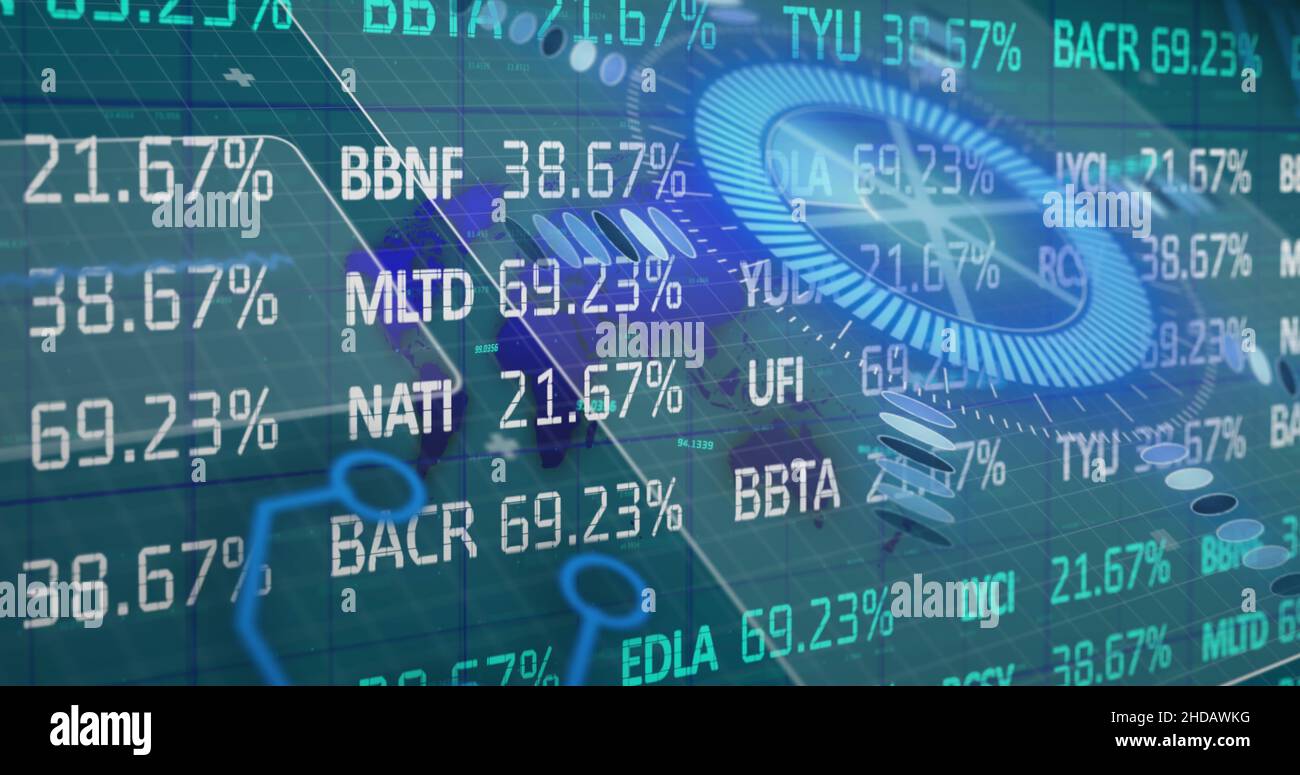 Image of scope scanning and stock market over grid Stock Photo - Alamy