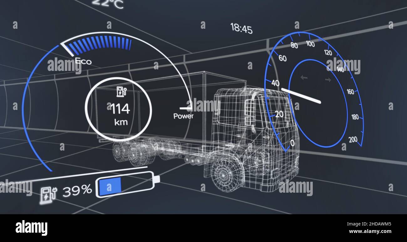 Image of interface with charging battery icon and speedometer over truck Stock Photo - Alamy