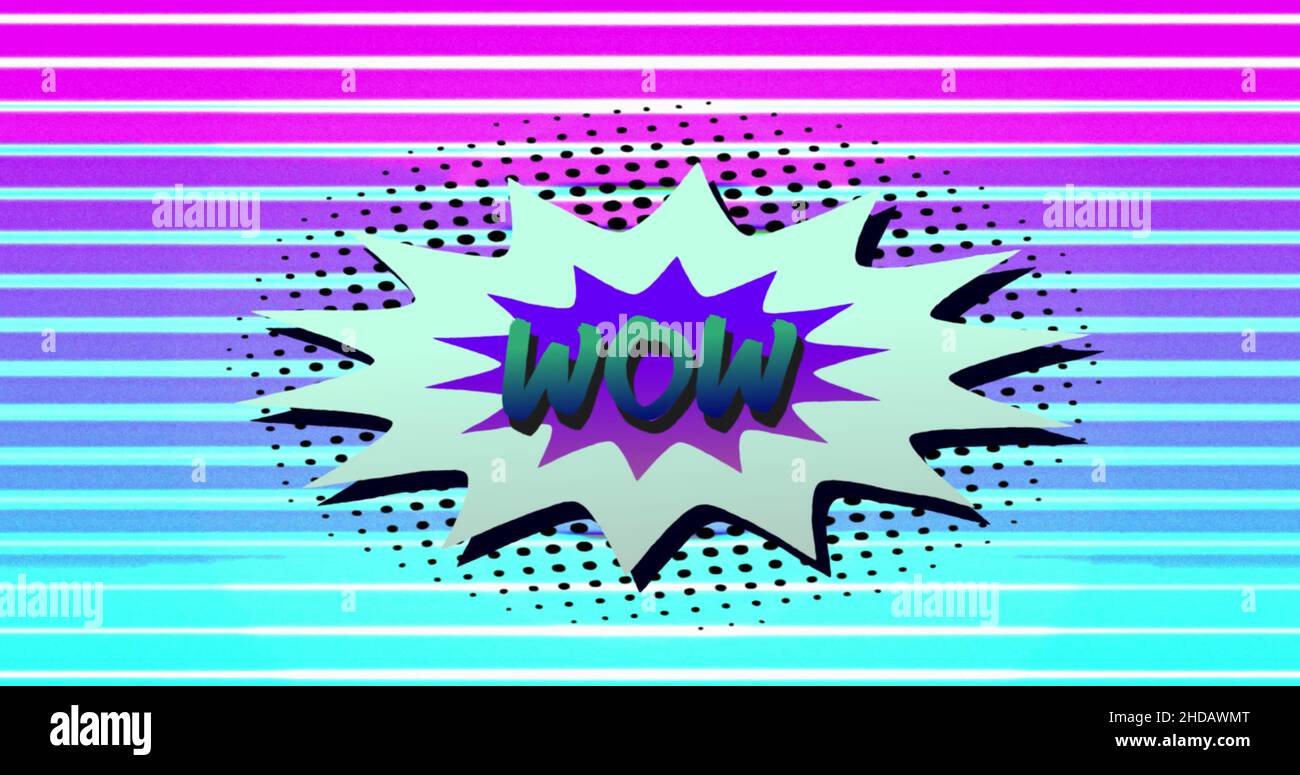 Wow written on cartoon explosion with colourful concentric circles in ...