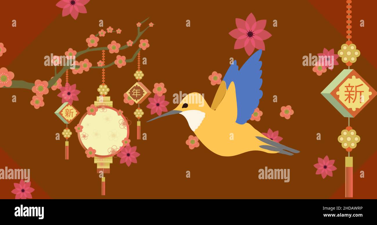 Image of illustration of hummingbird with cherry blossom and chinese ...