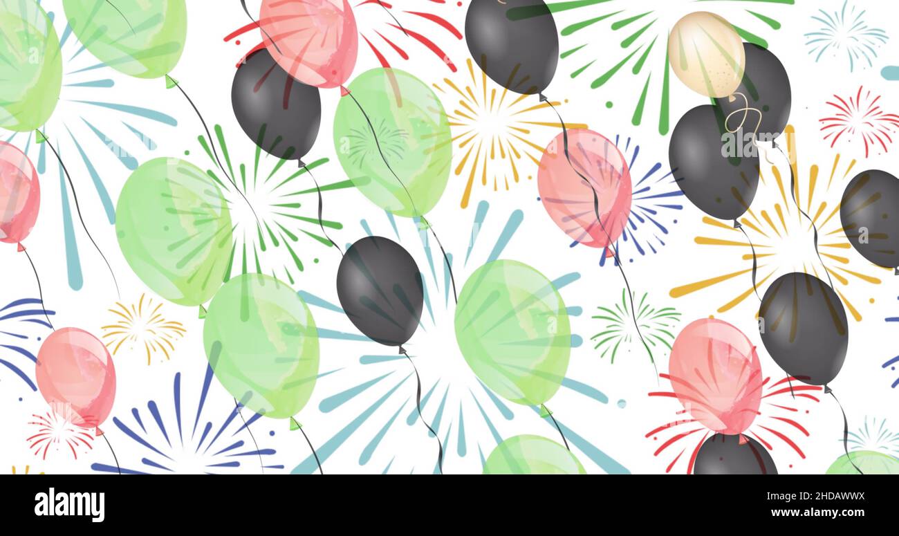 Image of illustration of party balloons moving over firework explosions ...