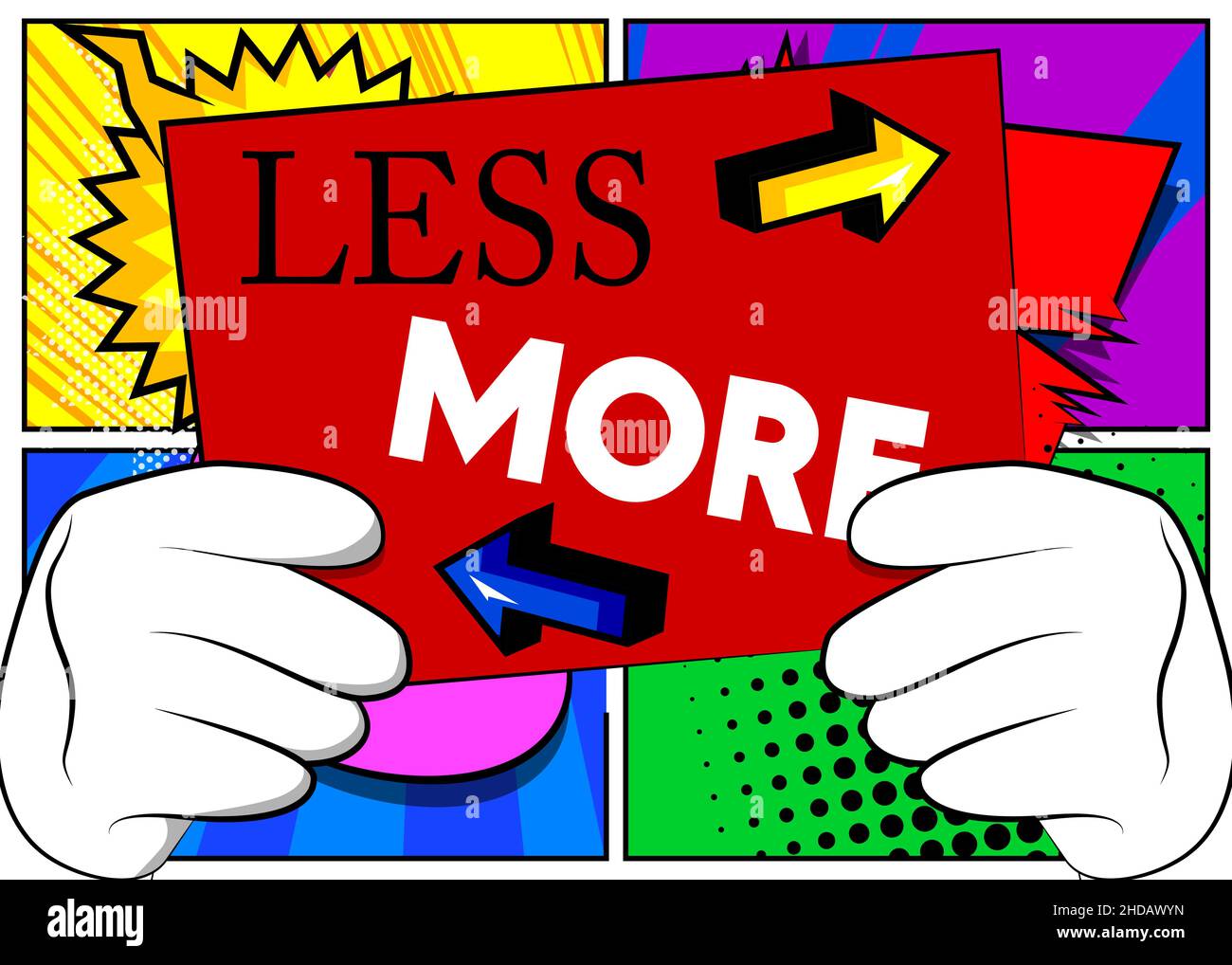 Hand holding banner with More and Less text with arrow. Man showing ...