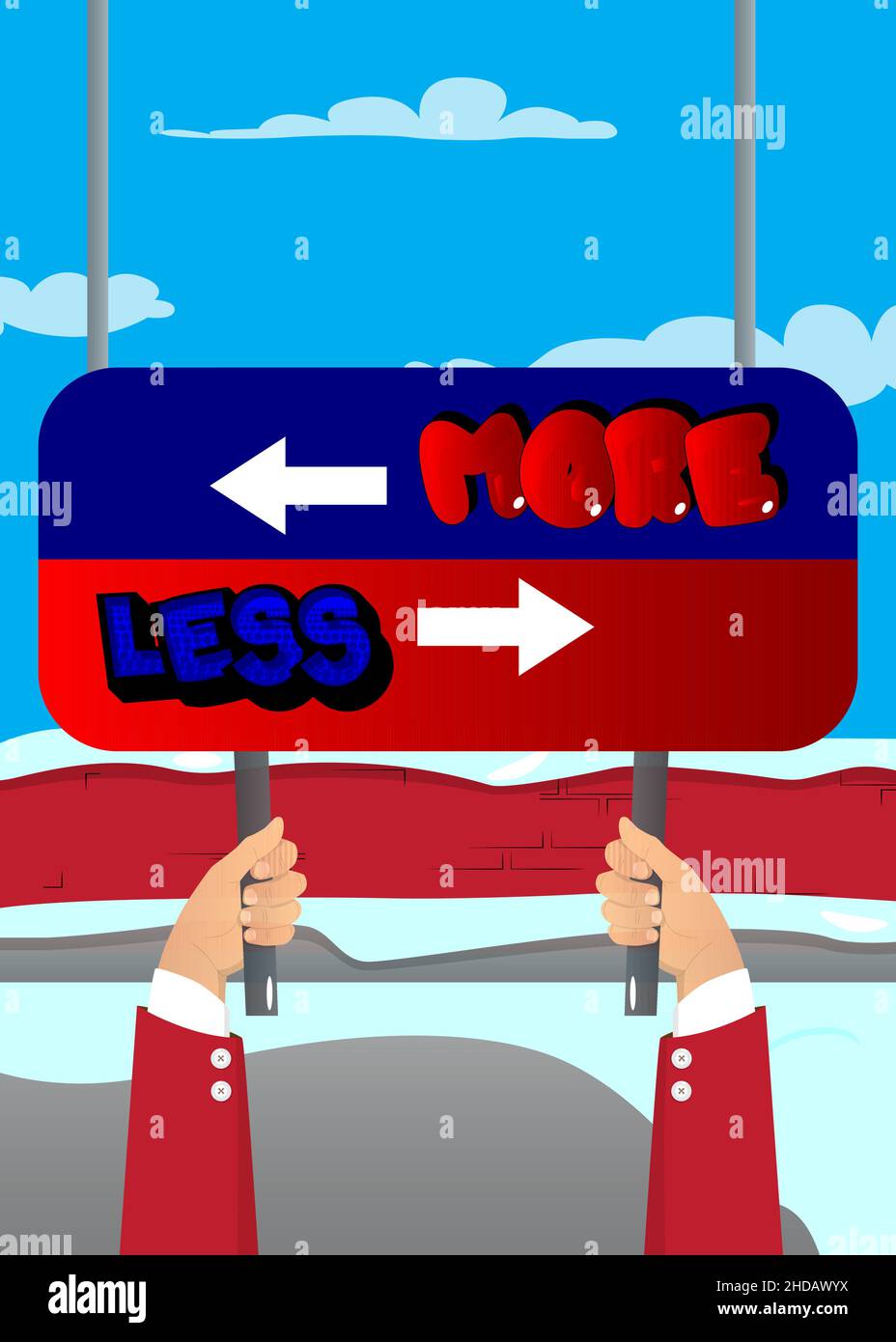 Hand holding banner with More and Less text with arrow. Man showing ...