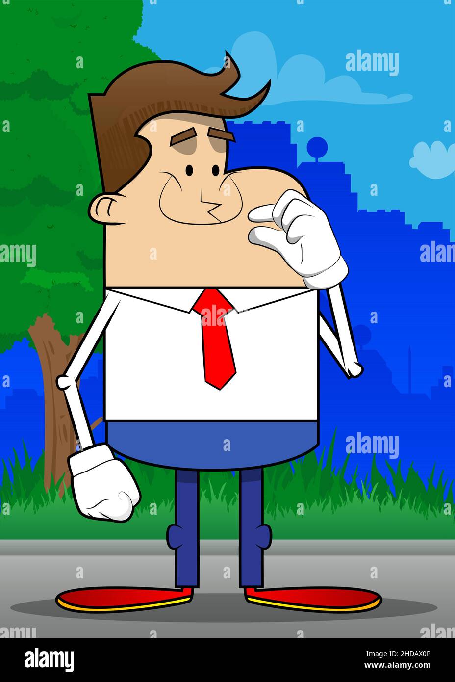 Simple retro cartoon of a businessman gesturing a small amount with ...