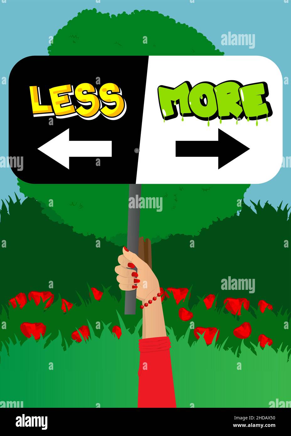 Hand holding banner with More and Less text with arrow. Man showing ...