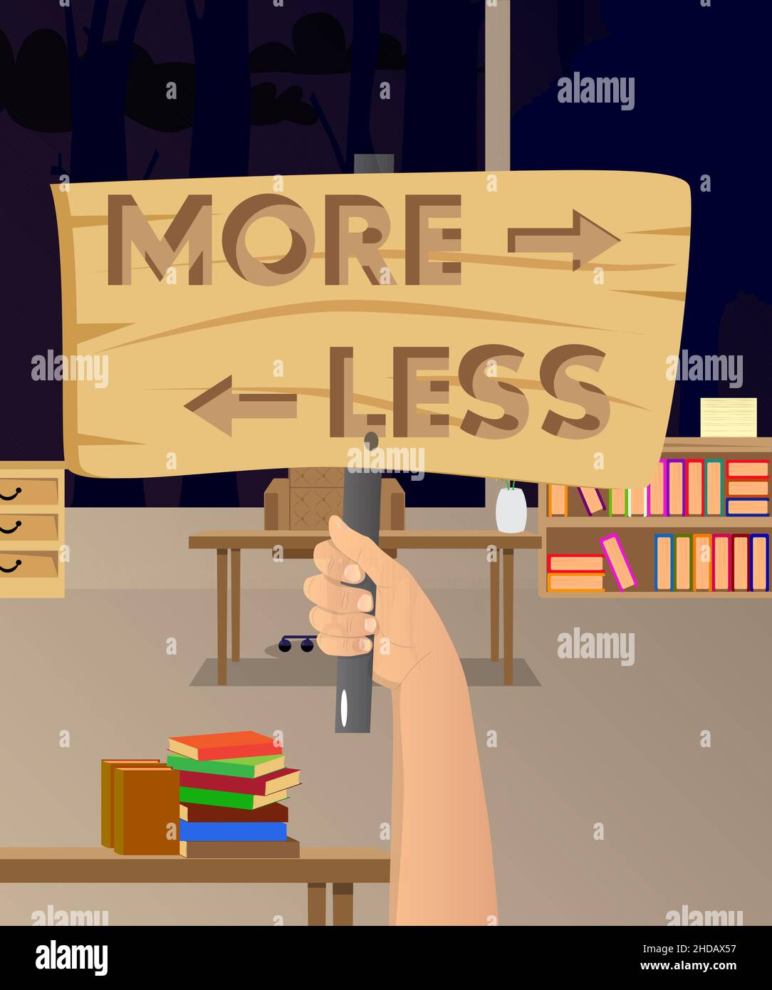 Hand holding banner with More and Less text with arrow. Man showing ...