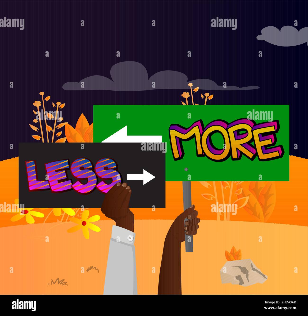 Hand holding banner with More and Less text with arrow. Man showing ...