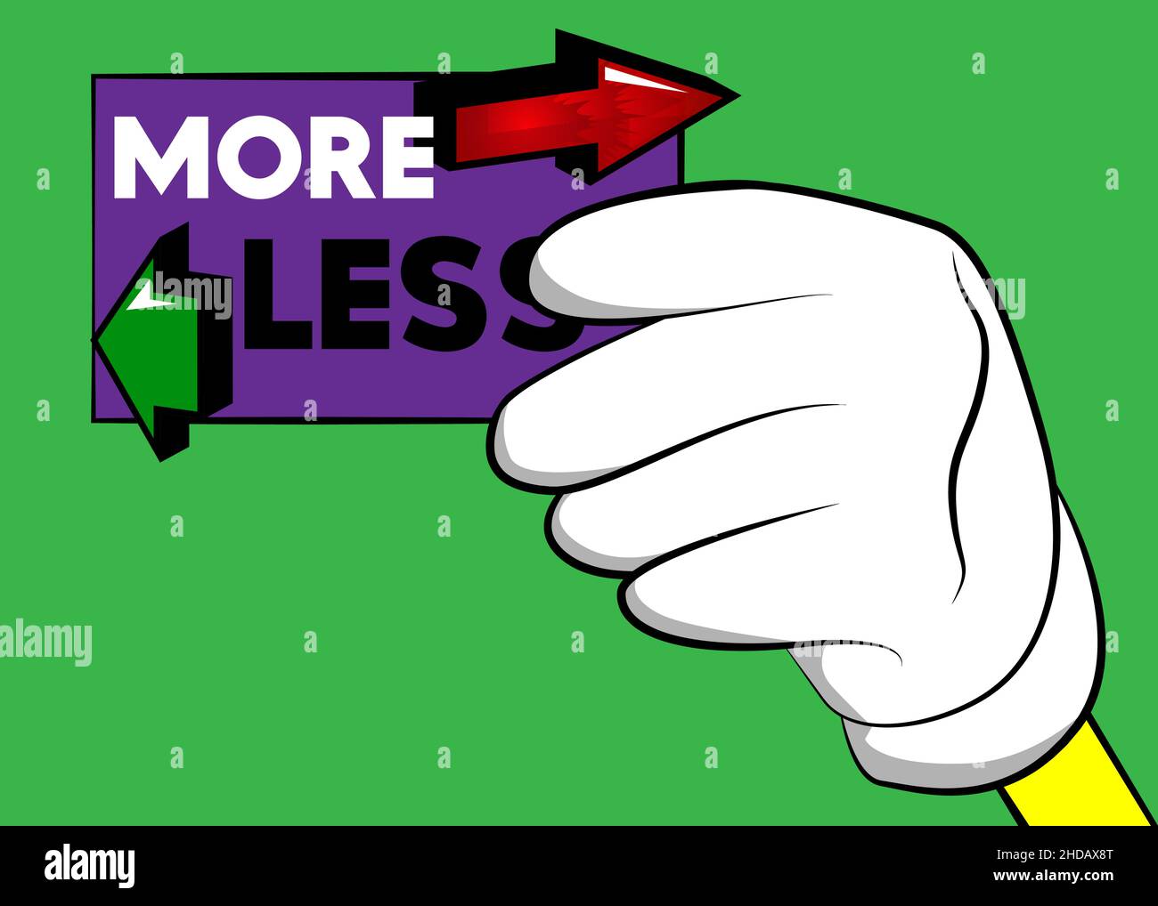 Hand holding banner with More and Less text with arrow. Man showing ...