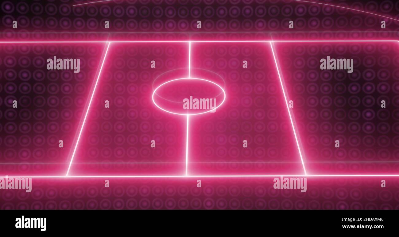 Image of neon sports stadium over pink circles in row on black ...