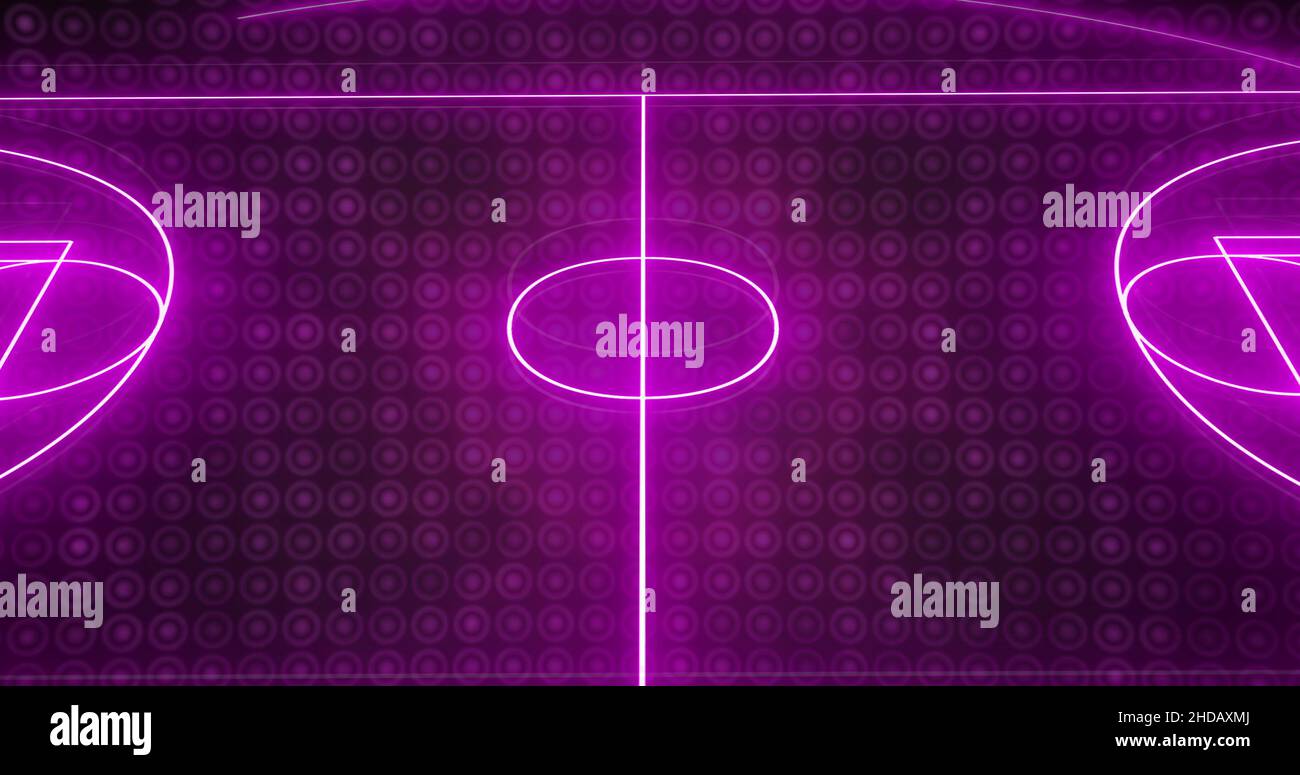 Image of pink neon sports stadium over circles in row on black ...