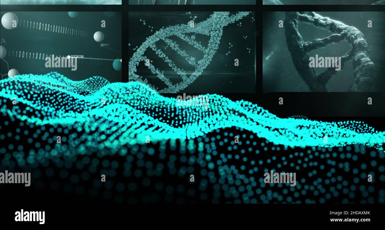 Image of dna chain and green lines on black background Stock Photo - Alamy
