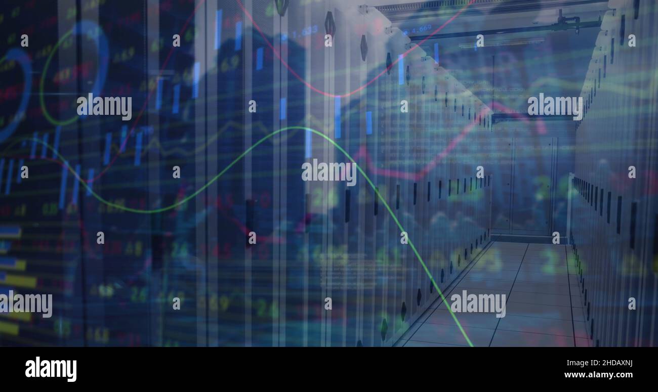 Image of digital interface and data processing over server room Stock ...