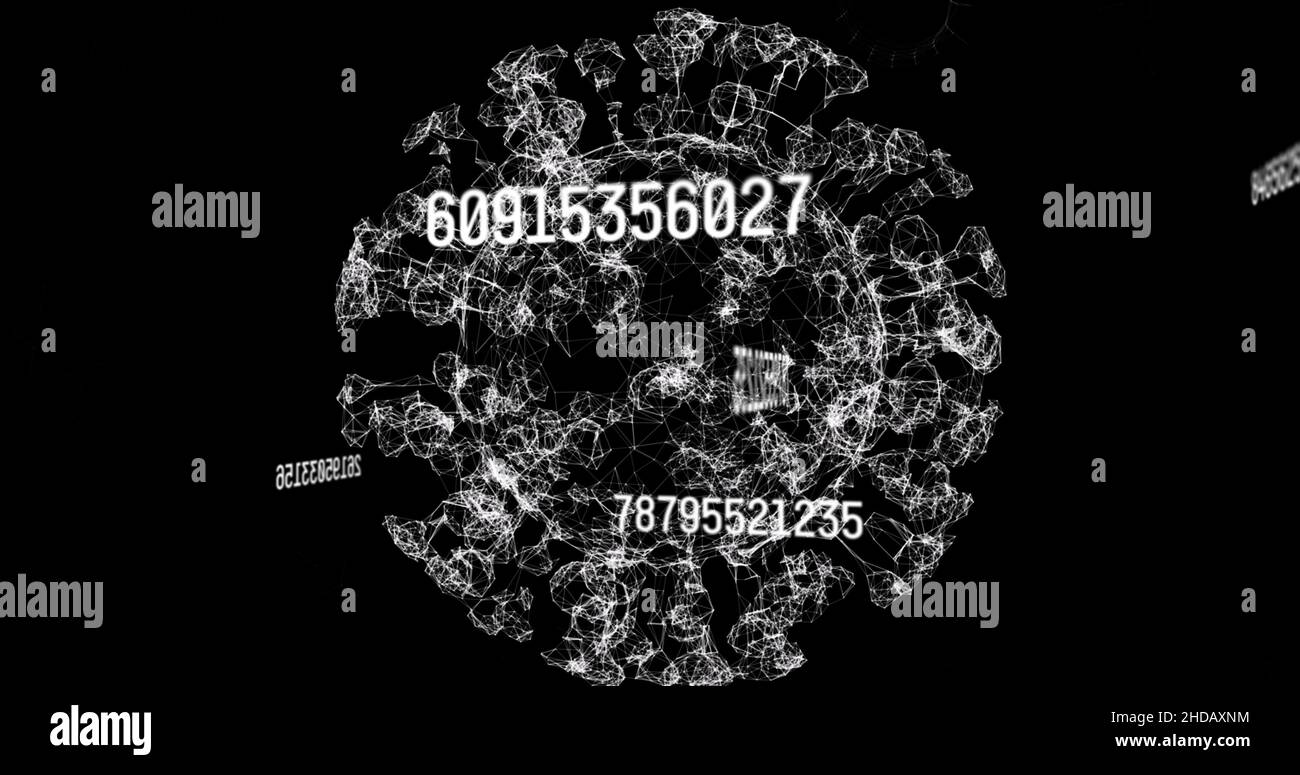 Image of increasing numbers over virus cell on black background Stock ...