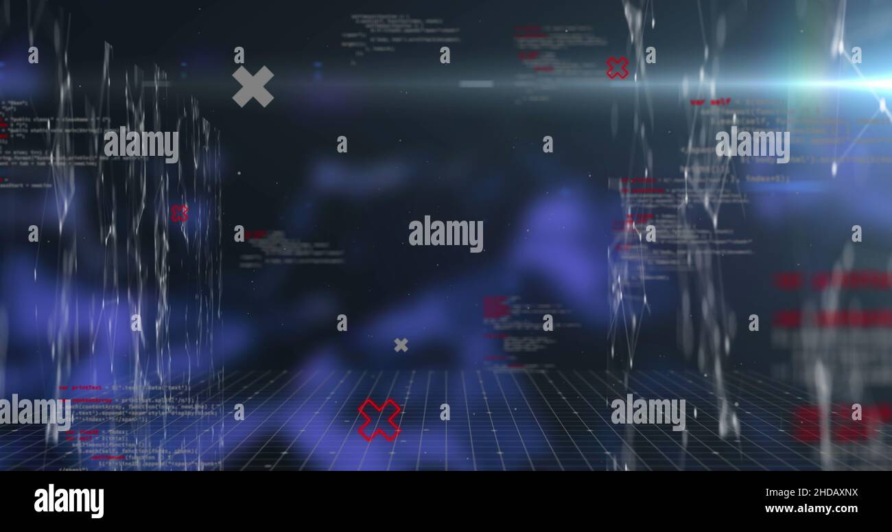 Image of data processing and shapes on black background Stock Photo - Alamy