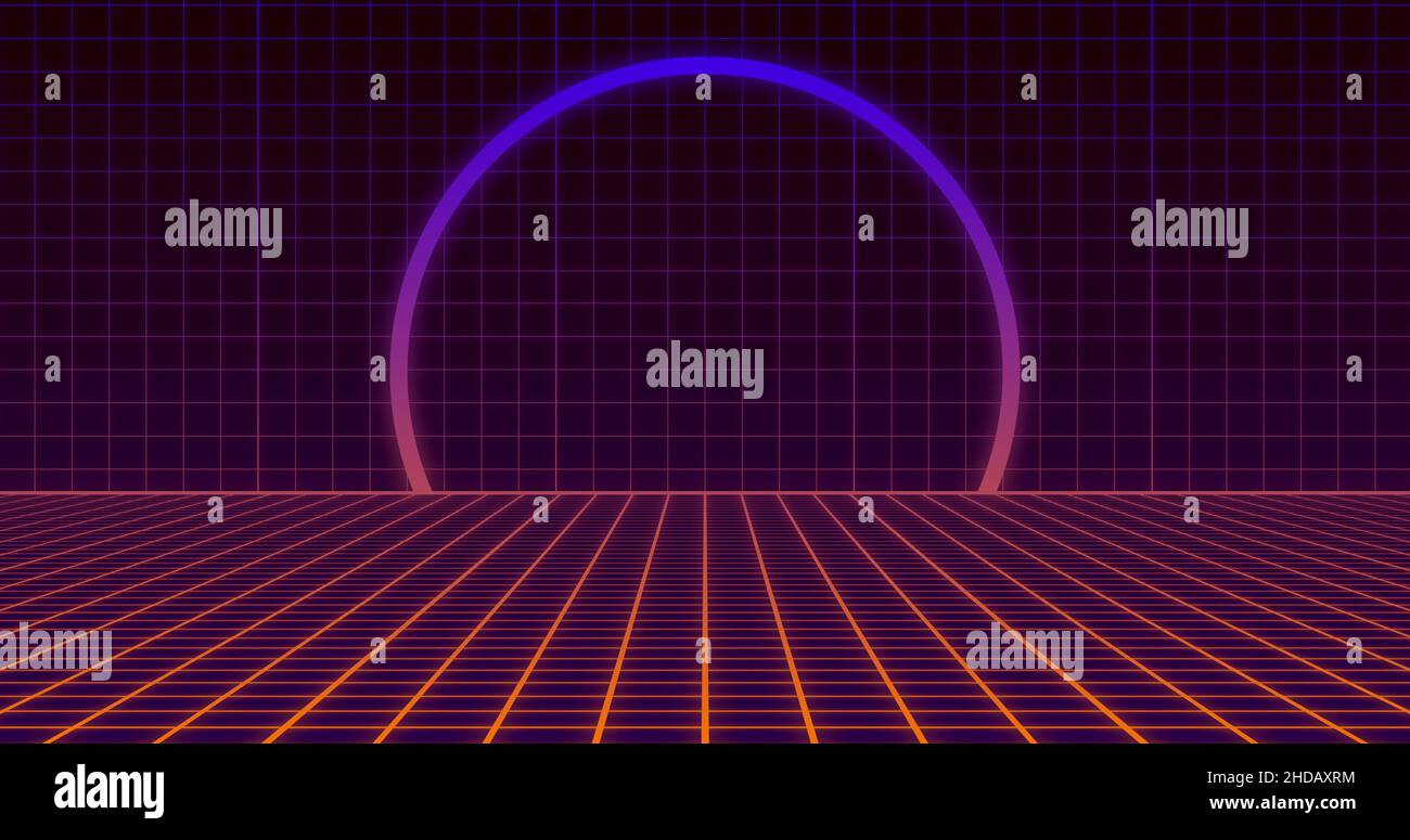 Image of pink to purple neon circle over moving pink grid Stock Photo ...