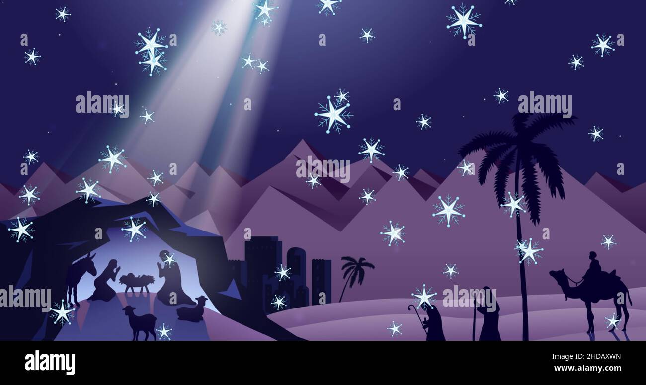 Image of snowflakes over three kings and nativity scene on blue ...