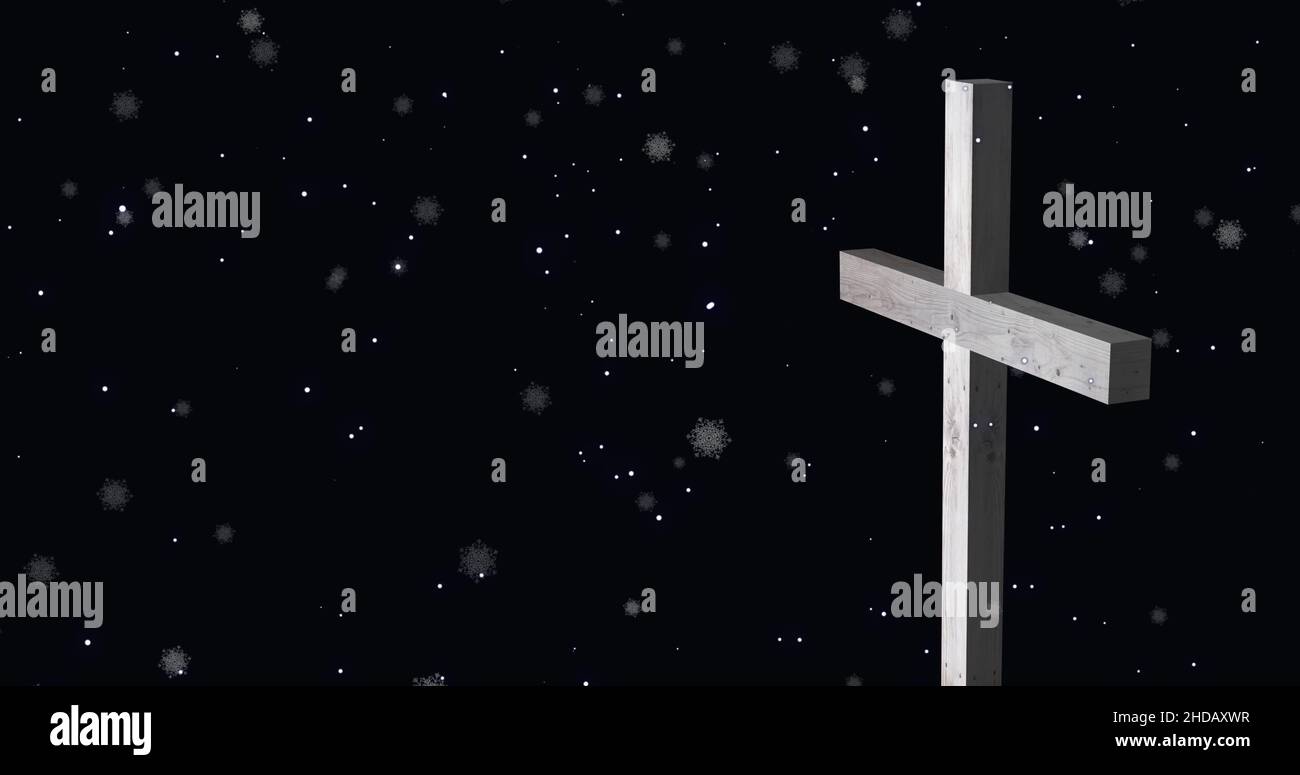 Image of snow falling over white cross on black background Stock Photo ...