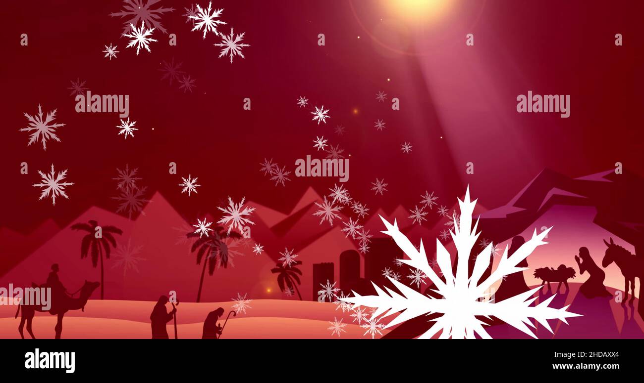 Image of snowflakes over three kings and nativity scene on red ...