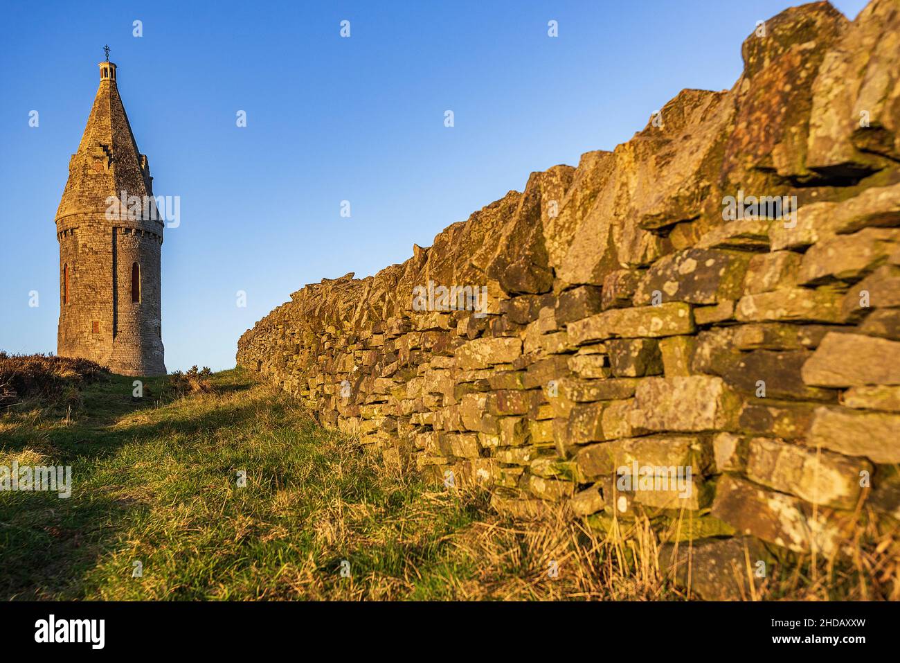 The memorial tower ontop of Hartshead Pike a hill in Tameside in ...