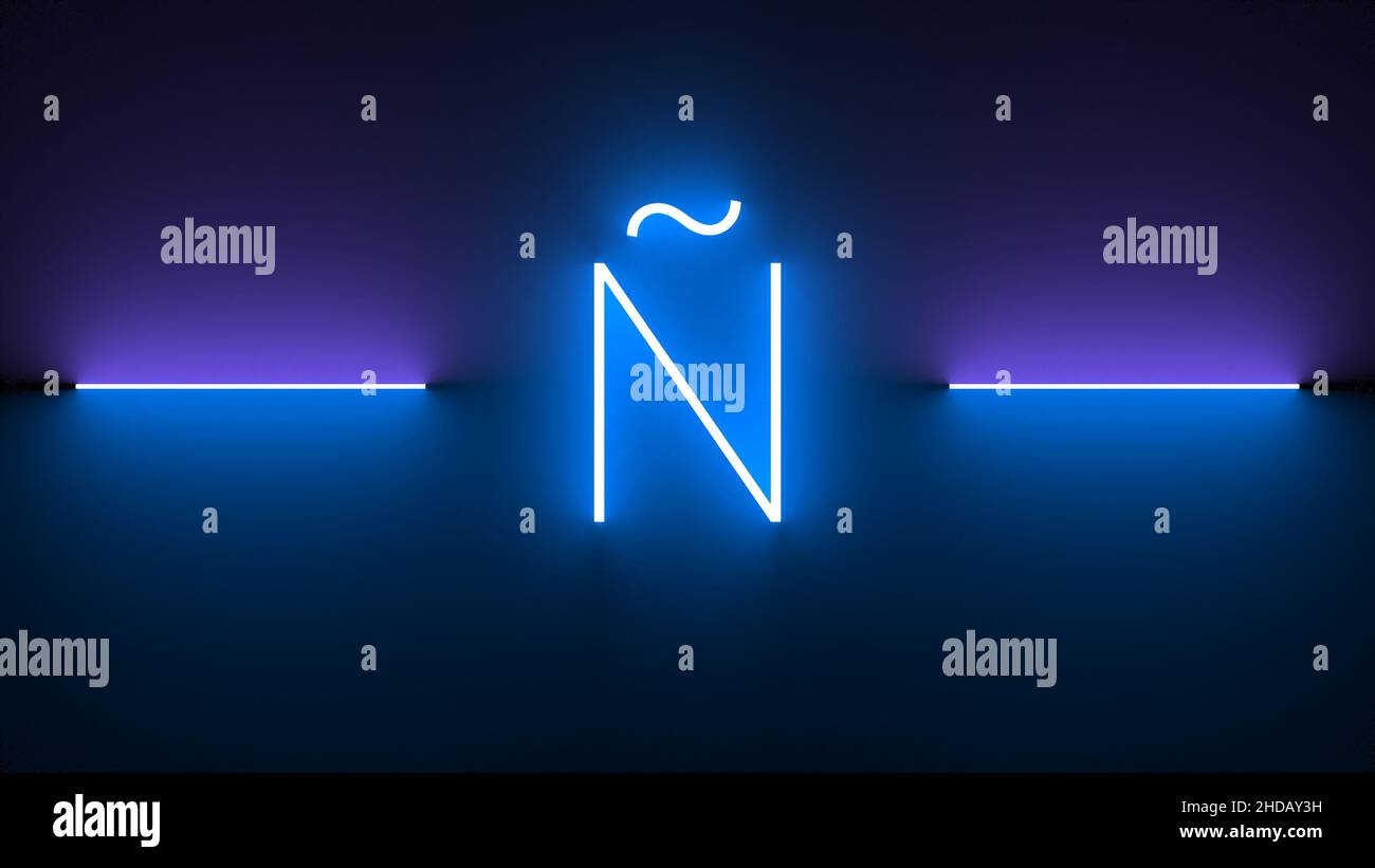 An illustration of a neon letter Spanish N isolated on black background ...