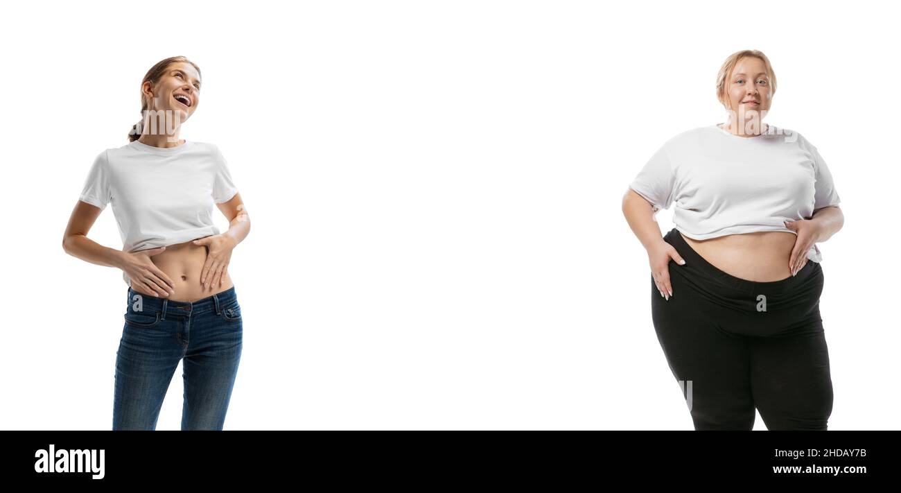 Young smiling slim girl and plus-size woman isolated on white ...