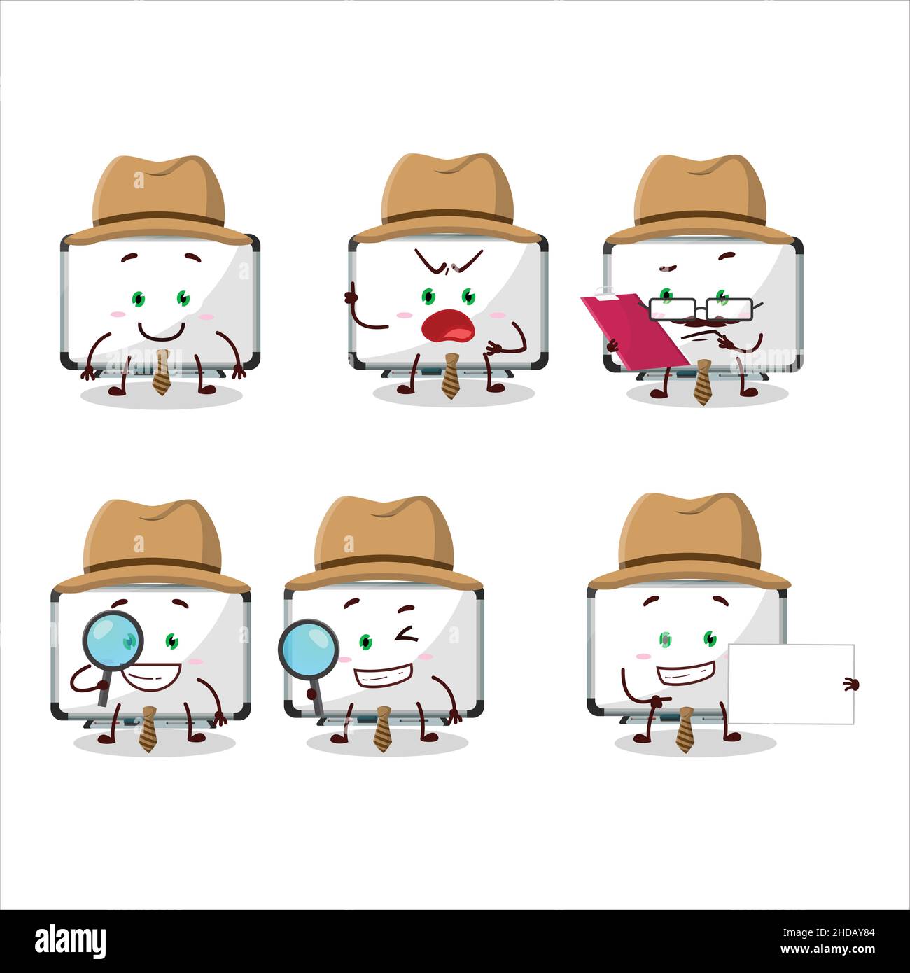 Detective white board cute cartoon character holding magnifying glass ...