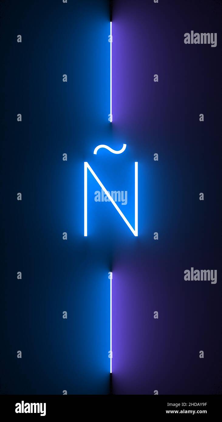 An illustration of a neon letter Spanish N isolated on black background ...
