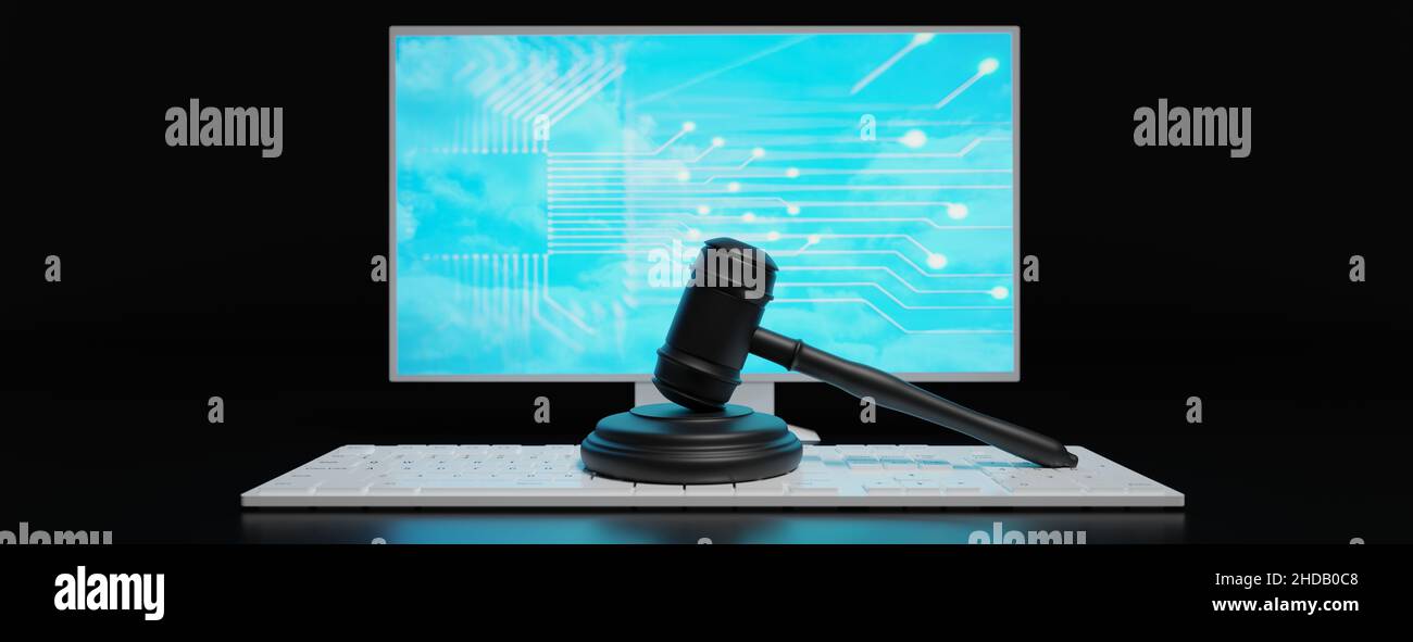 Cyber crime, law and technology, online auction concept. Judge gavel on ...