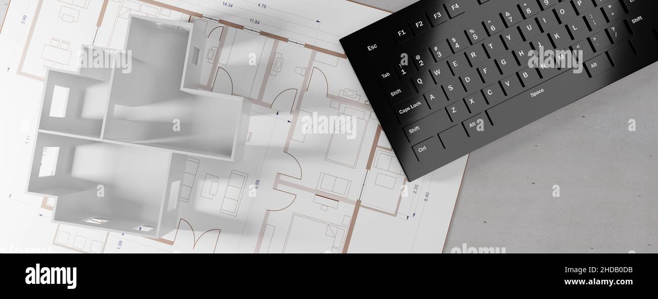 Architect engineer office overhead. Architecture blueprint plan ...