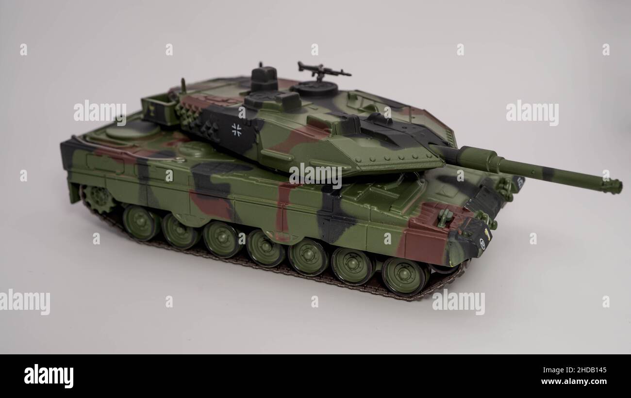 Closeup of a miniature Leopard 2 main battle tank developed in 1979 ...
