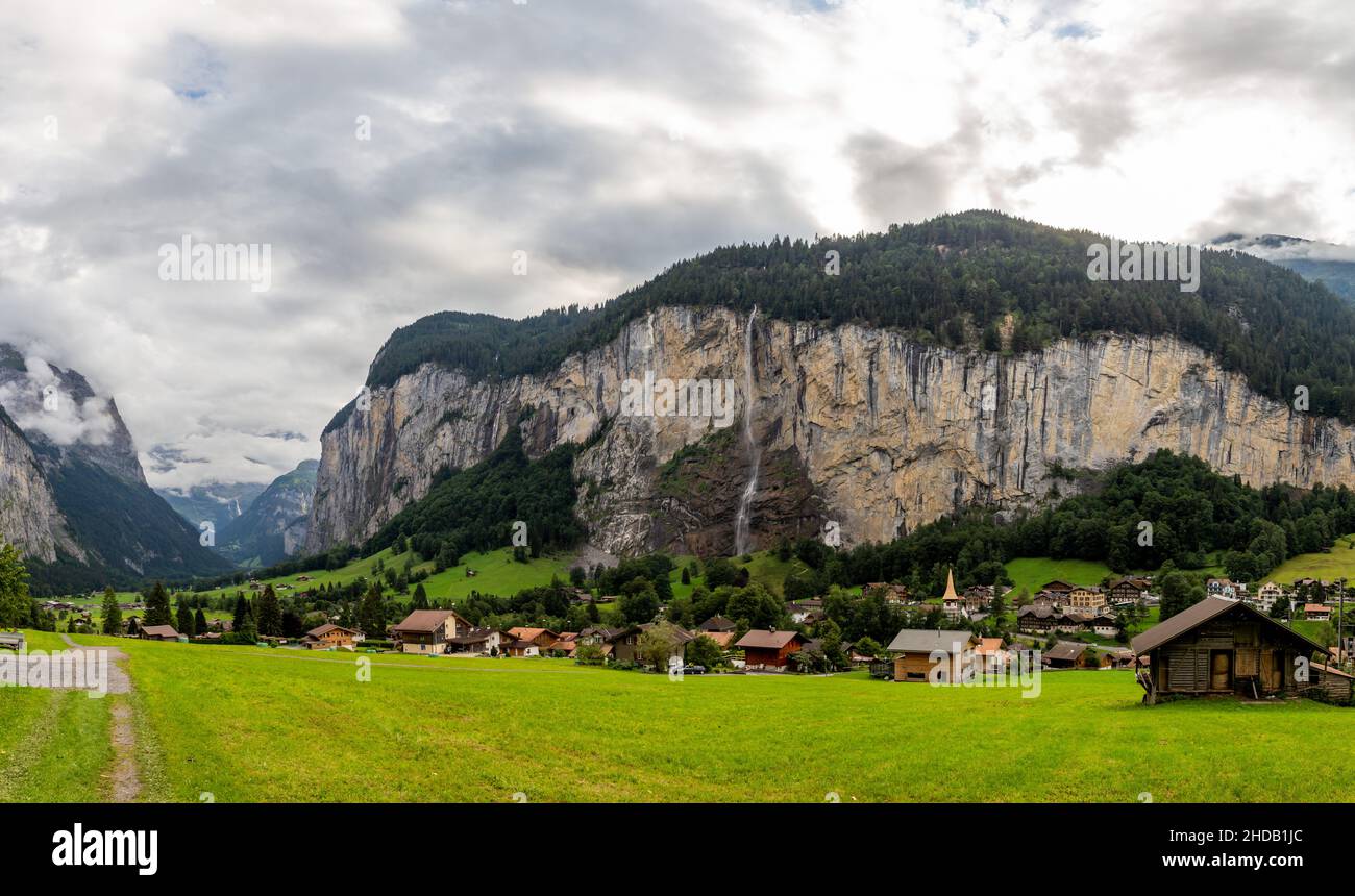lauterbrunnen switzerland panorama with staubbachfall Stock Photo - Alamy