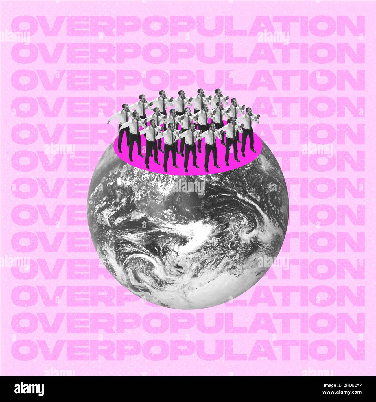 Contemporary artwork. A lot of men standing on planet Earth isolated on ...