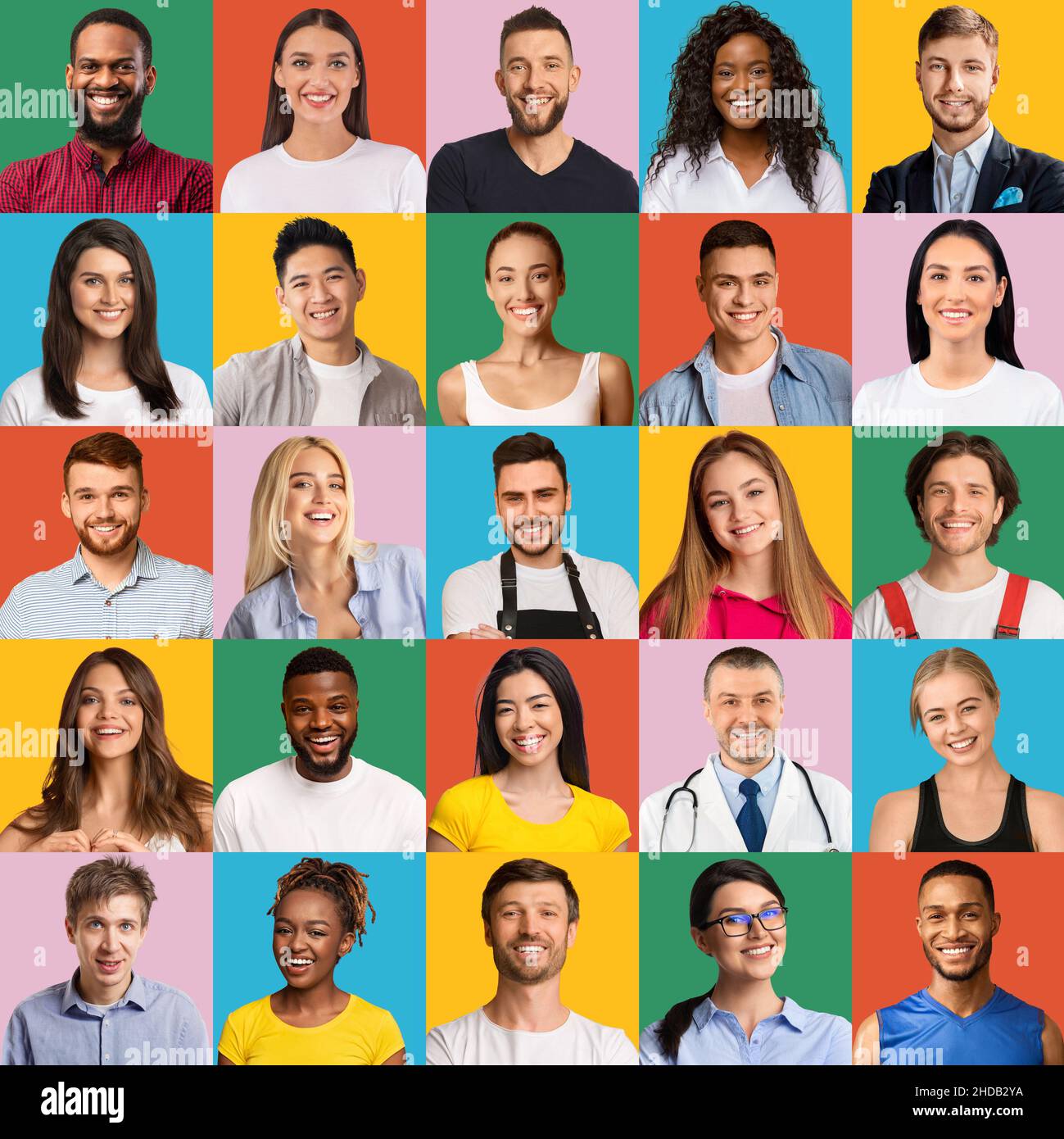 Happy multiracial men and women posing on colorful backgrounds Stock ...