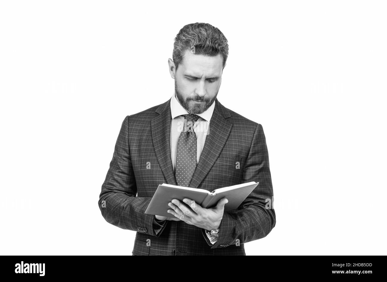 handsome businessman man in suit reading notes in notebook isolated on ...